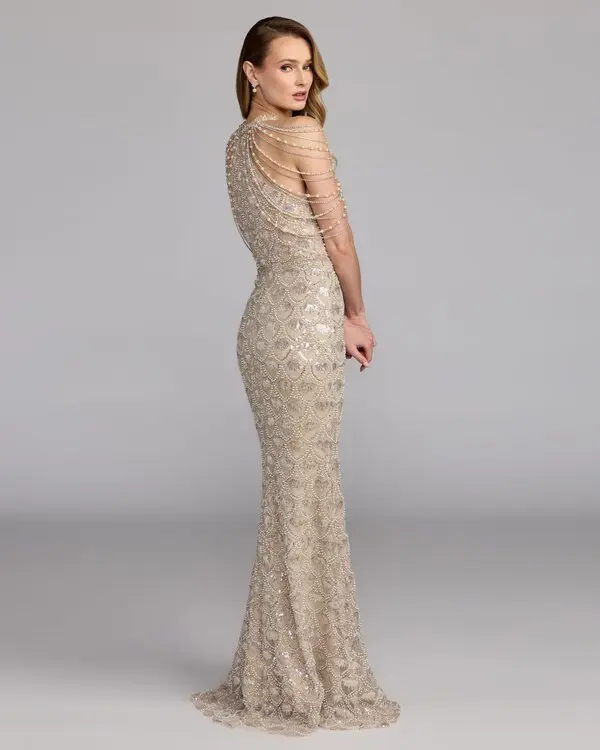 MAC DUGGAL COLLECTION Petite Ivory Draped Pearl Embellished Column Gown