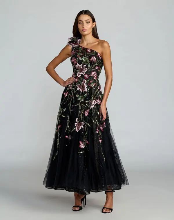 Mac Duggal Black Embroidered Floral One Shoulder A-line Dress - Black Multi