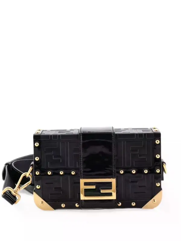 Fendi Baguette Trunk Bag Zucca Embossed Leather Mini Crossbody Bag - Black