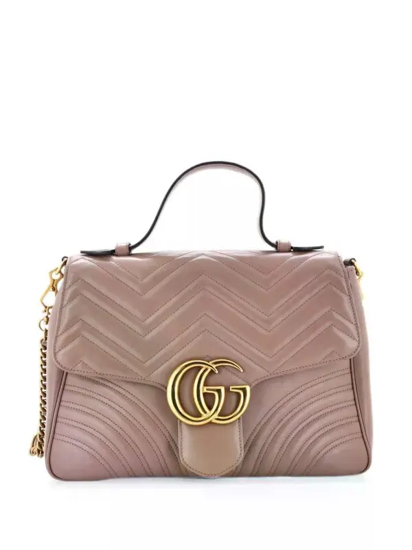 Gucci Gg Marmont Top Handle Flap Bag Matelasse Leather Medium Satchel - Neutrals
