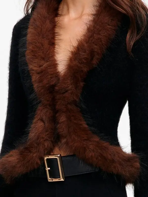 SELF-PORTRAIT Faux Fur Trimmed Knit Cardigan - Multicolor