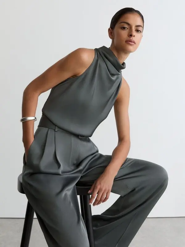 REISS Erica Satin Cowl Neck Wide Leg Jumpsuit - Dark Grey