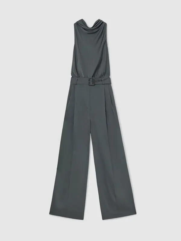 REISS Erica Satin Cowl Neck Wide Leg Jumpsuit