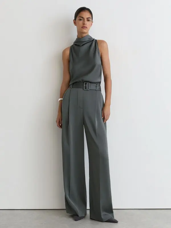 REISS Erica Satin Cowl Neck Wide Leg Jumpsuit