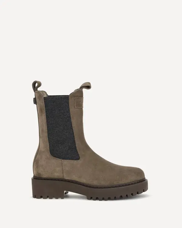 Brunello Cucinelli Suede Ankle Boots With Knit Insert And Precious Loop Detail - Brown