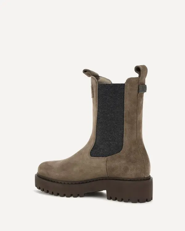 Brunello Cucinelli Suede Ankle Boots With Knit Insert And Precious Loop Detail