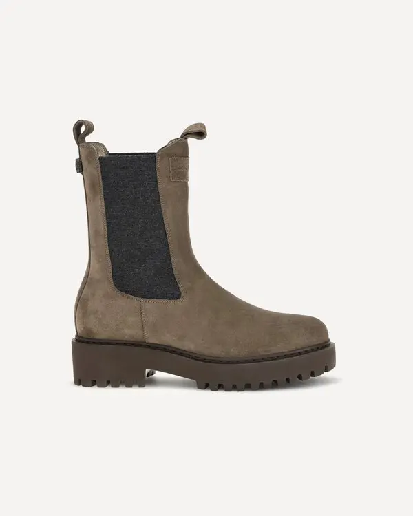 Brunello Cucinelli Suede Ankle Boots With Knit Insert And Precious Loop Detail