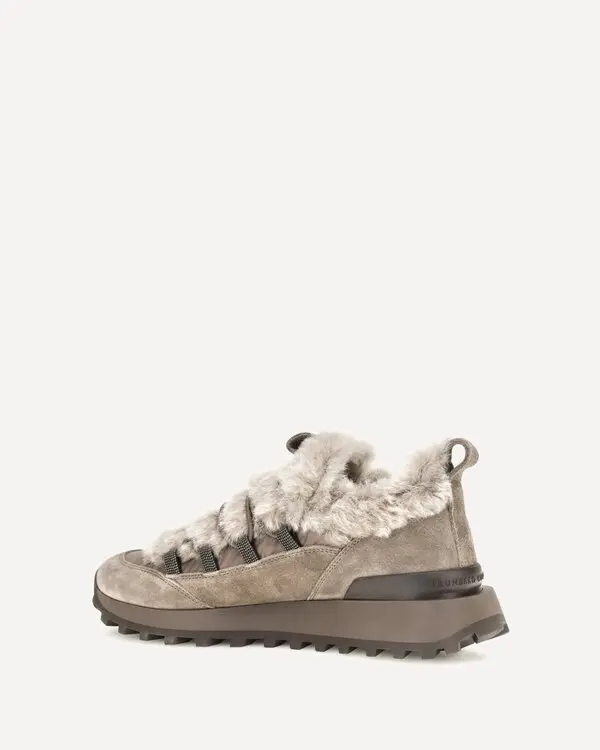 Brunello Cucinelli Suede And Tech Cotton Shearling Lined Sneakers With Monili Detail