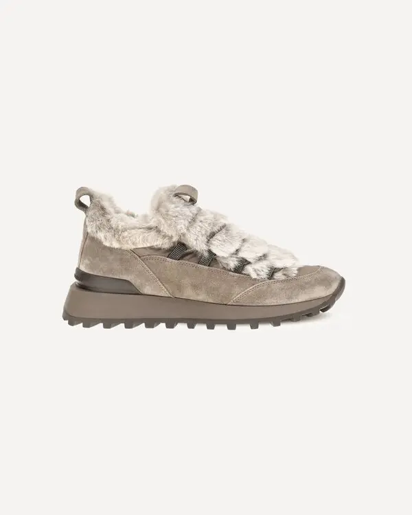 Brunello Cucinelli Suede And Tech Cotton Shearling Lined Sneakers With Monili Detail