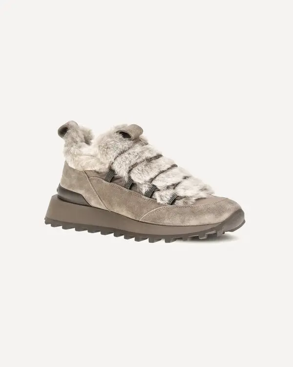 Brunello Cucinelli Suede And Tech Cotton Shearling Lined Sneakers With Monili Detail