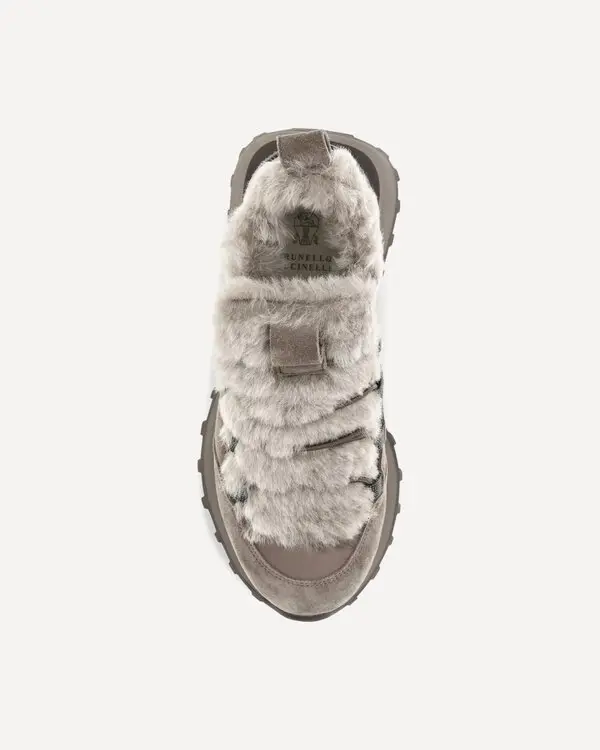 Brunello Cucinelli Suede And Tech Cotton Shearling Lined Sneakers With Monili Detail