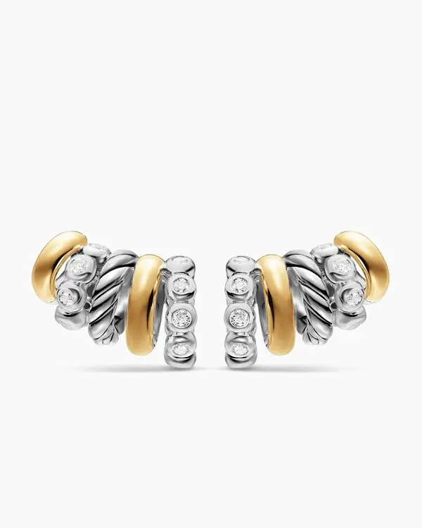 David Yurman Dy Mercer Multi Hoop Climber Earrings In Sterling Silver With 18k Yellow Gold And Diamonds - Diamond