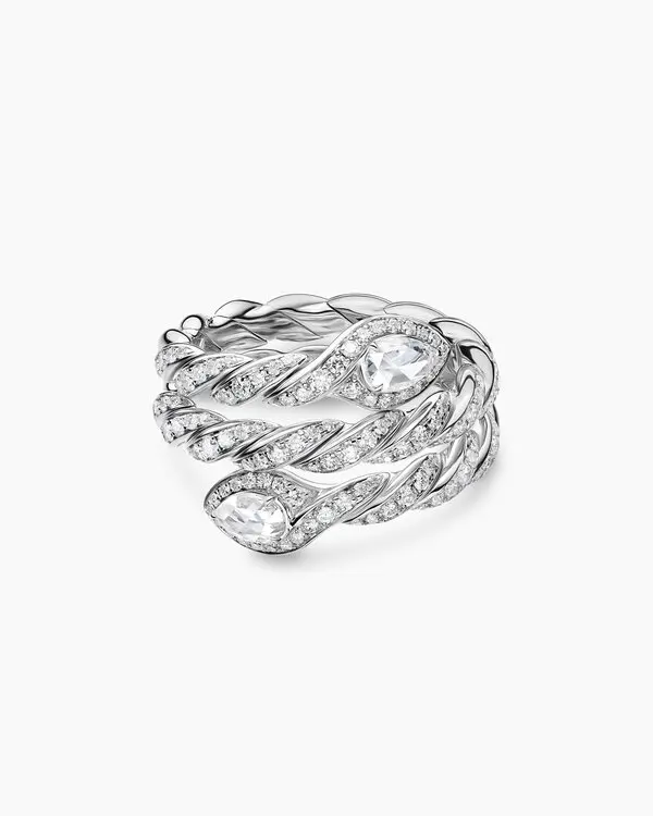 David Yurman Sculpted Cable Flex Three Row Coil Ring In 18k White Gold With Diamonds - Diamond