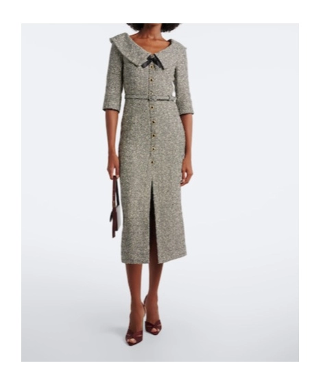 Alessandra Rich Belted Cotton And Wool-blend Tweed Midi Dress