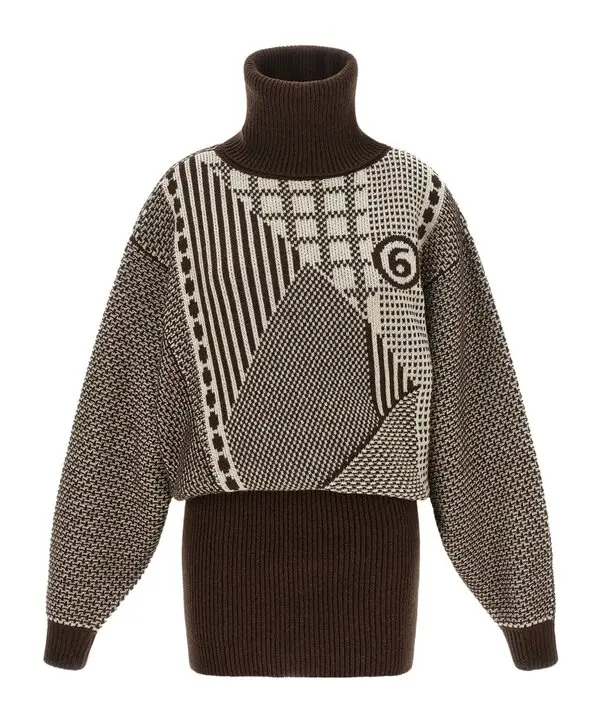 MAISON MARGIELA Long-sleeve High-neck Knit Dress - Brown