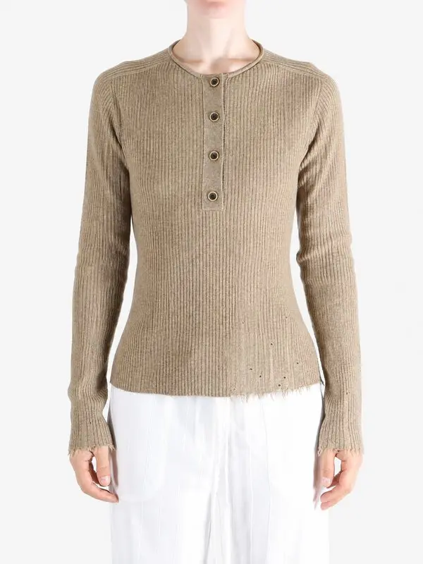 UMA WANG Button-detail Ribbed Sweater With Distressed Cuffs - Brown