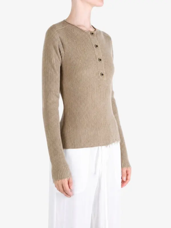UMA WANG Button-detail Ribbed Sweater With Distressed Cuffs - Brown