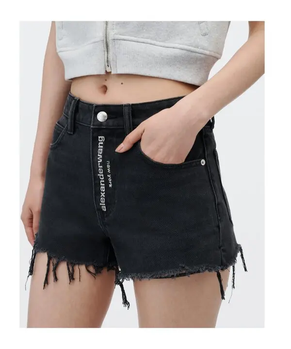 Alexander Wang Crystal Logo Fly Relaxed Denim Shorts