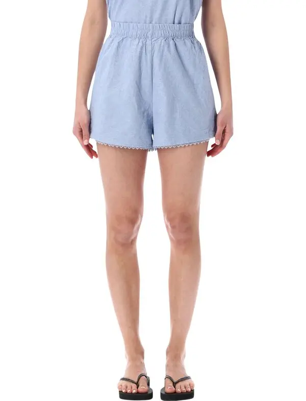 American Vintage Elasticated Cotton Mini Shorts With Lace Trim - Blue