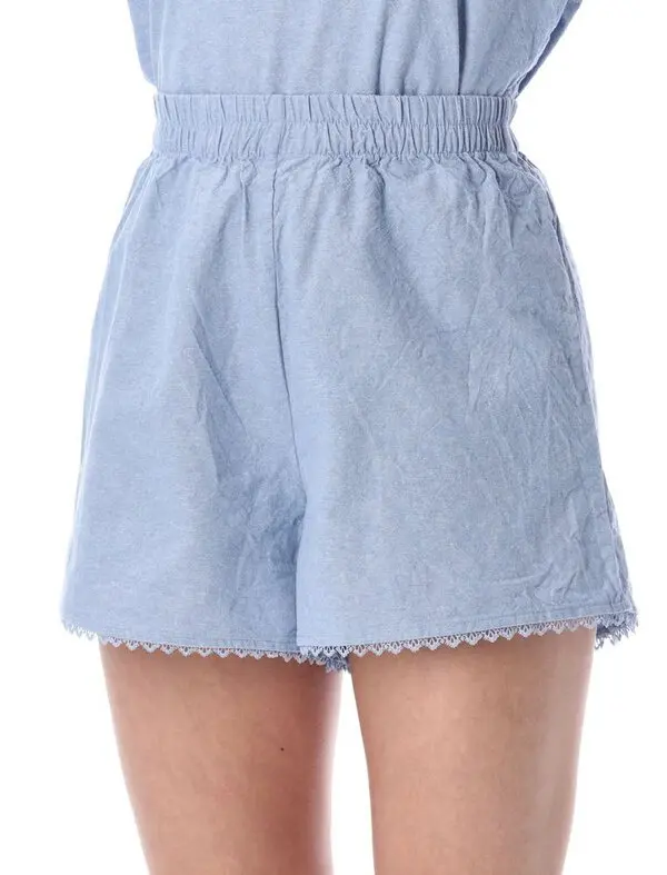 American Vintage Elasticated Cotton Mini Shorts With Lace Trim - Blue