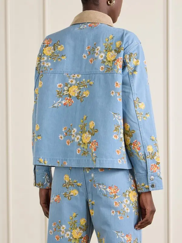 Veronica Beard Leighton Corduroy-trimmed Floral-print Denim Jacket