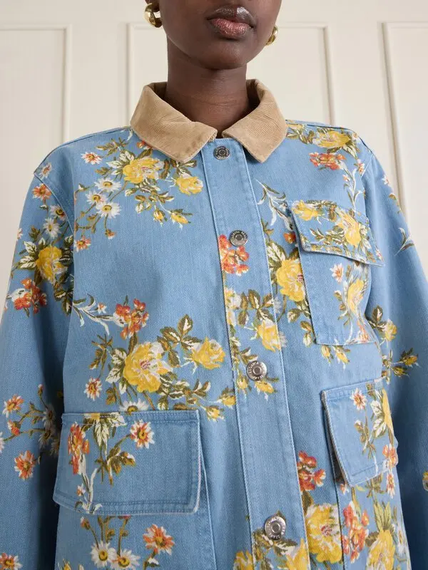 Veronica Beard Leighton Corduroy-trimmed Floral-print Denim Jacket
