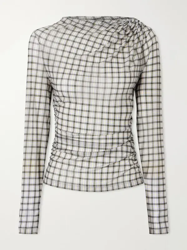 Veronica Beard Nuvina Gathered Checked Stretch-mesh Blouse - Green