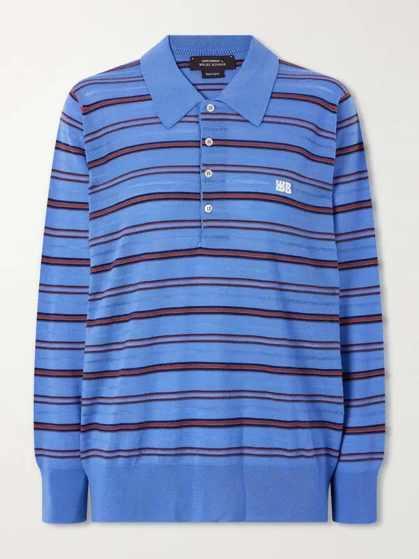 WALES BONNER Striped Wool And Cotton Polo Shirt - Cobalt Blue