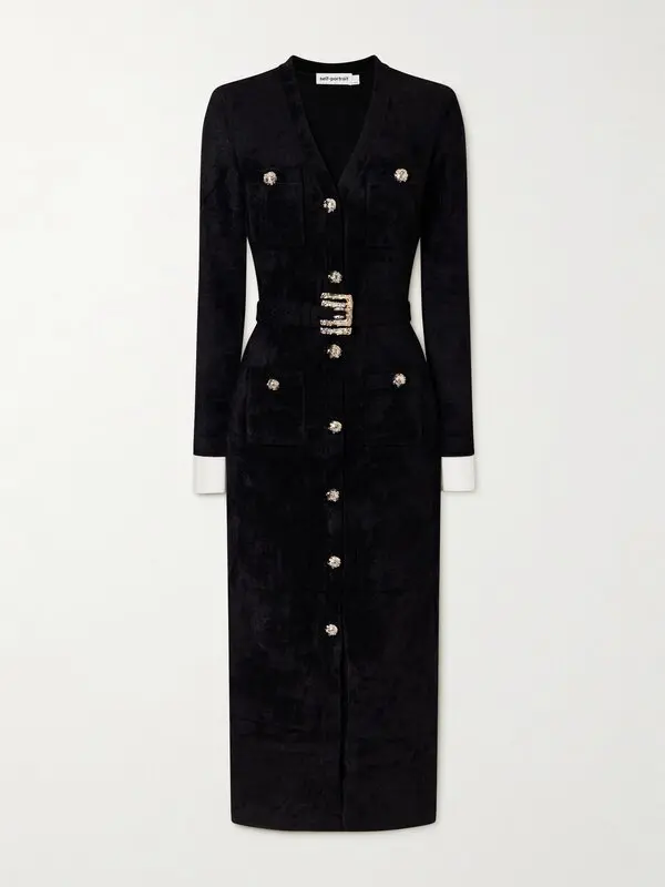 SELF-PORTRAIT Belted Chenille Midi Dress - Black