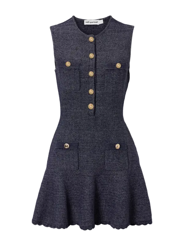 SELF-PORTRAIT Scalloped Knitted Cotton-blend Mini Dress - Blue