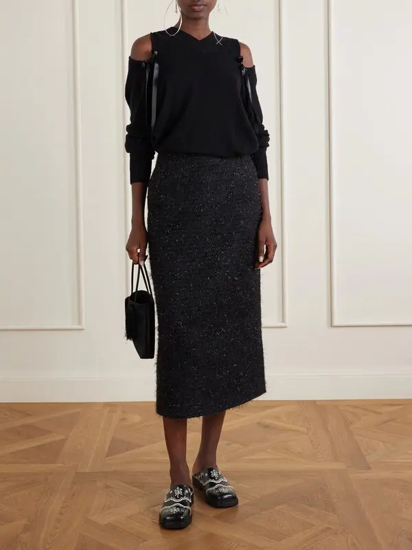 Simone Rocha Shearling-trimmed Metallic-tweed Midi Skirt