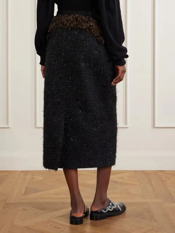 Simone Rocha Shearling-trimmed Metallic-tweed Midi Skirt