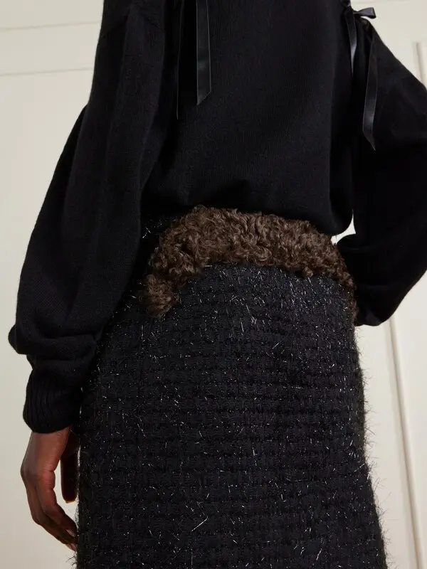 Simone Rocha Shearling-trimmed Metallic-tweed Midi Skirt