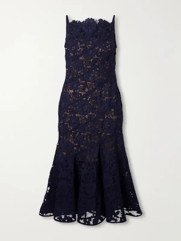 SELF-PORTRAIT Scalloped Lace Midi Dress - Blue