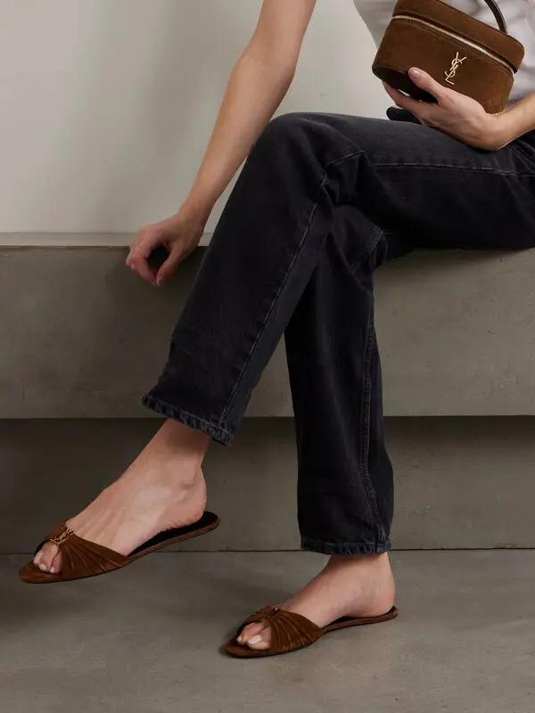 Saint Laurent Embellished Gathered Suede Slides