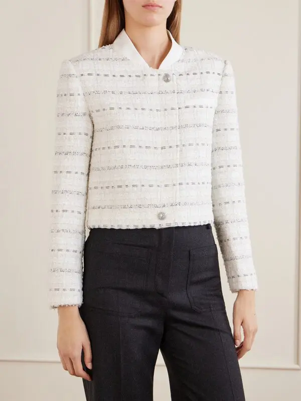 SELF-PORTRAIT Cropped Metallic Bouclé Jacket With Diamanté Buttons