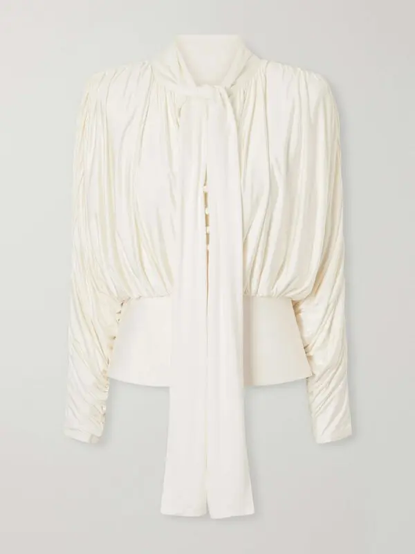 SELF-PORTRAIT Tie-detailed Gathered Stretch-jersey Blouse