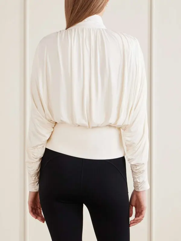SELF-PORTRAIT Tie-detailed Gathered Stretch-jersey Blouse