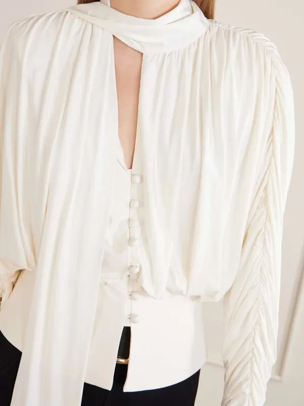 SELF-PORTRAIT Tie-detailed Gathered Stretch-jersey Blouse
