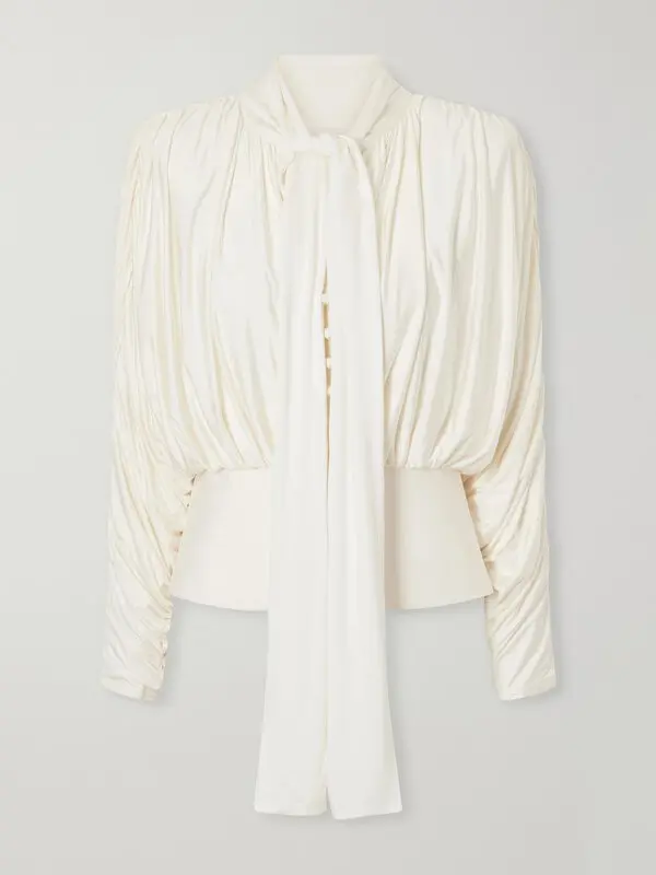 SELF-PORTRAIT Tie-detailed Gathered Stretch-jersey Blouse - Neutrals