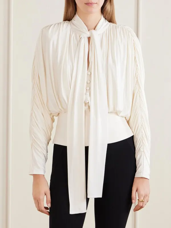 SELF-PORTRAIT Tie-detailed Gathered Stretch-jersey Blouse - Neutrals