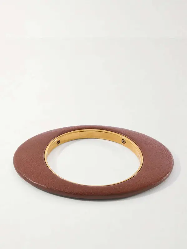 Saint Laurent Blade Logo-engraved Gold-tone And Leather Bangle - Brown