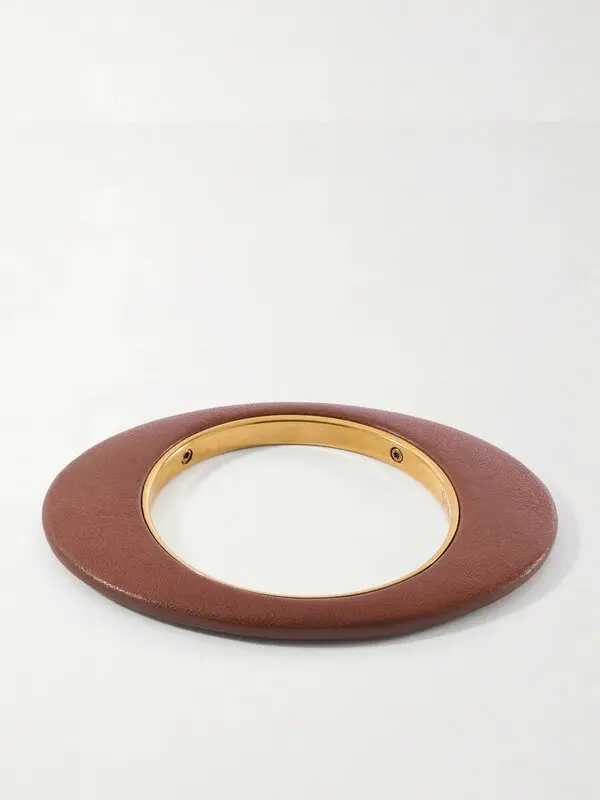 Saint Laurent Blade Logo-engraved Gold-tone And Leather Bangle - Brown