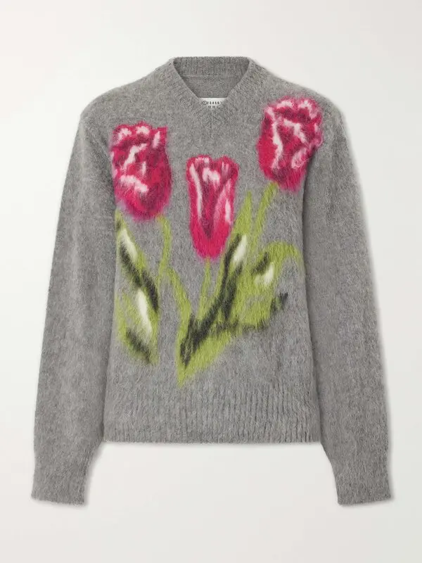 MAISON MARGIELA Floral Intarsia-knit Brushed Wool-blend Sweater - Gray