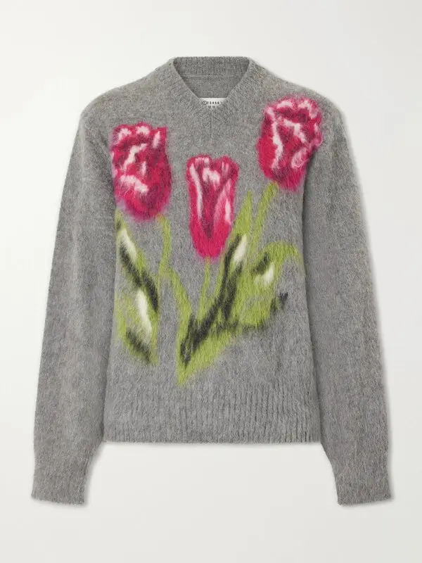 MAISON MARGIELA Floral Intarsia Knit Brushed Wool-blend Sweater - Gray