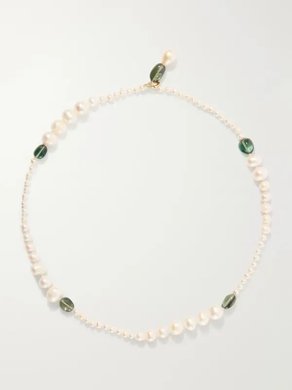 LOREN STEWART 14 Karat Gold, Pearl, And Tourmaline Beaded Lariat Necklace - Neutrals