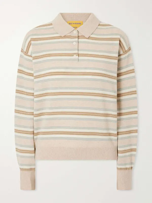 Guest In Residence Collegiate Striped Cashmere Polo Sweater - Light Brown