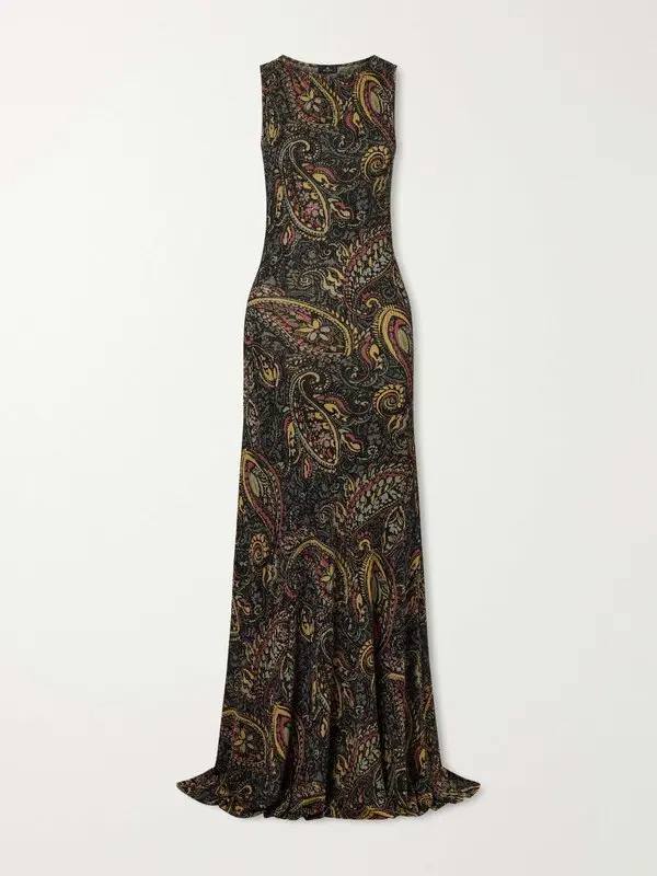 Etro Paisley-print Metallic Ribbed-knit Maxi Dress - Dark Green