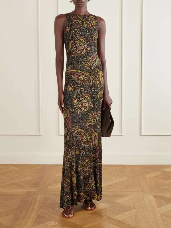 Etro Paisley-print Metallic Ribbed-knit Maxi Dress - Dark Green