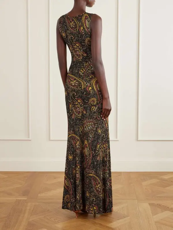 Etro Paisley-print Metallic Ribbed-knit Maxi Dress - Dark Green